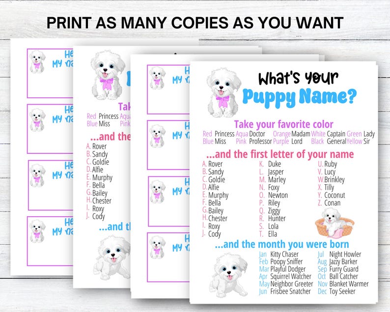 What's Your Puppy Name Game WITH NAMETAGS + SIGN, Puppy Party Game, Dog ...