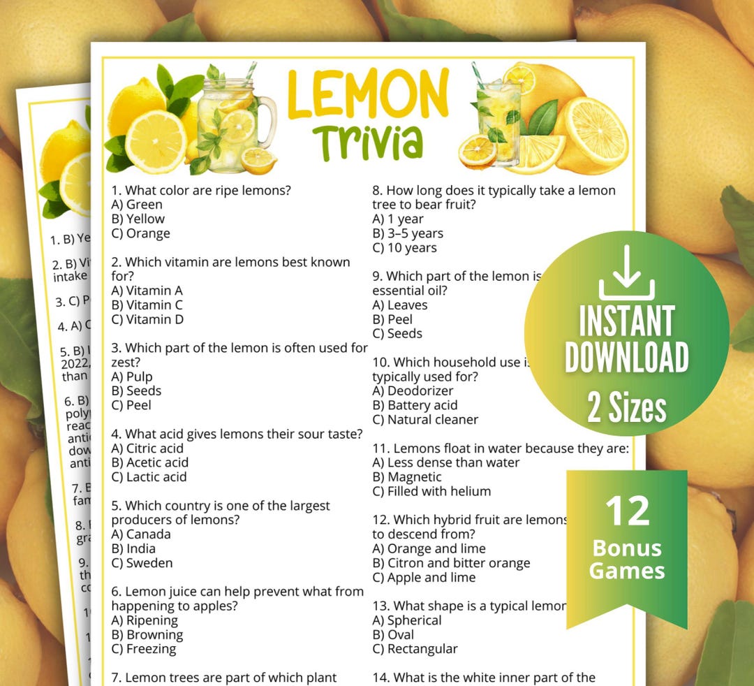 Lemon Trivia Game, Summer Lemonade Trivia Quiz, Summer Birthday Party ...