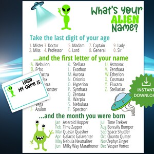 What's Your Alien Name Game With NAMETAGS + SIGN, Alien ...