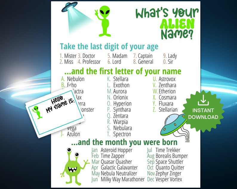 What's Your Alien Name Game With NAMETAGS SIGN, Alien Extraterrestrial ...