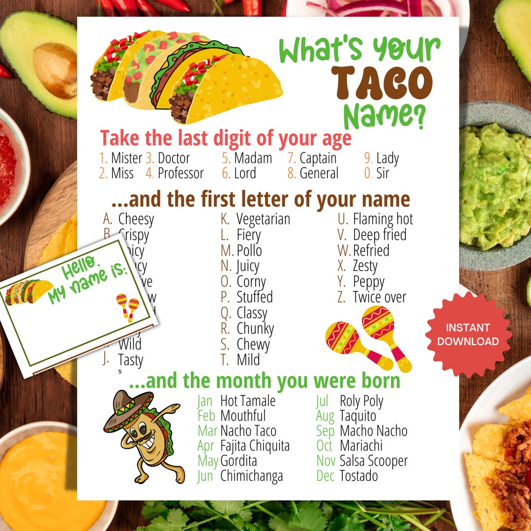 What's Your Taco Name Game WITH NAMETAGS & SIGN, Taco Party Game ...