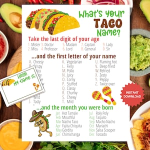 What's Your Taco Name Game WITH NAMETAGS & SIGN, Taco Party Game ...