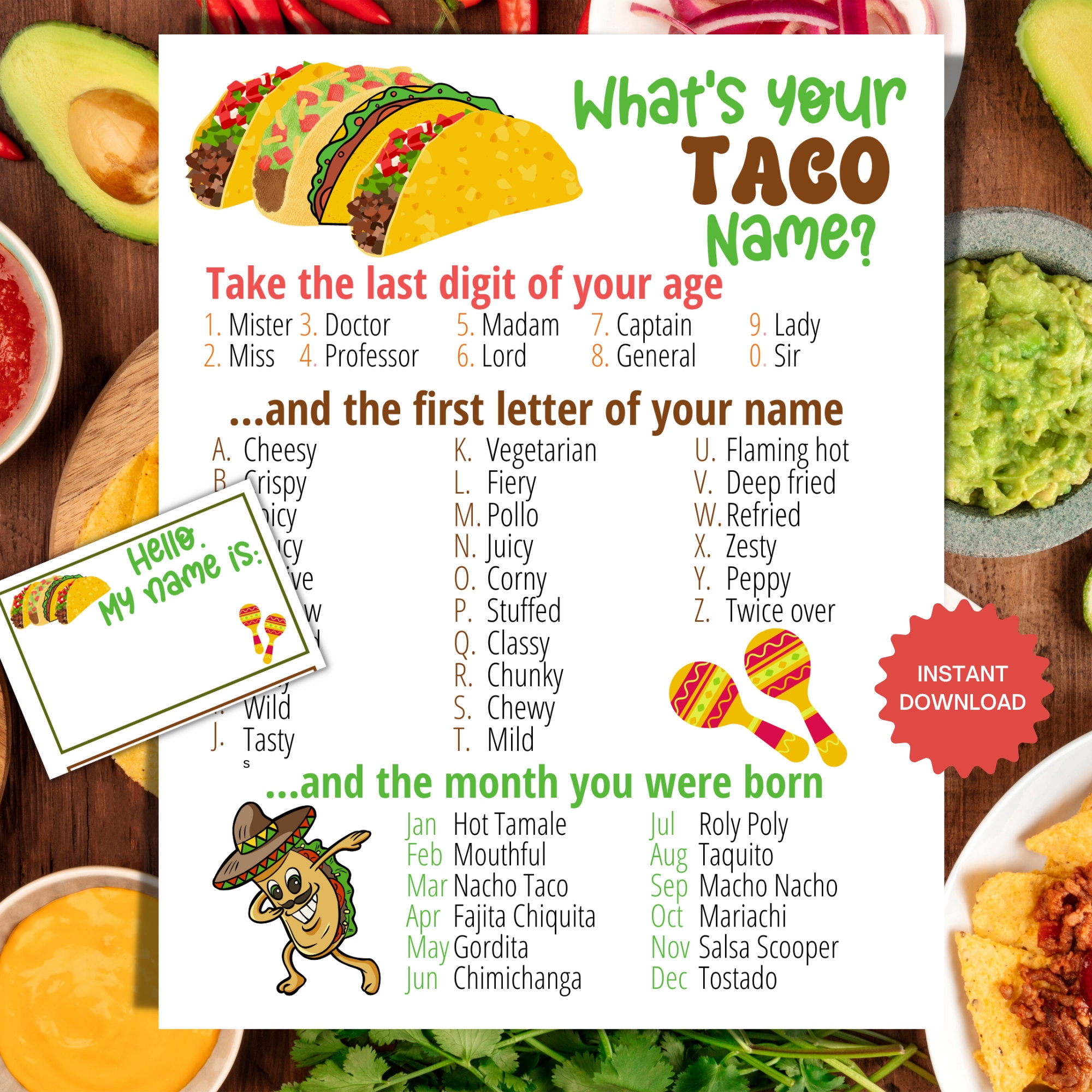 What's Your Taco Name Game WITH NAMETAGS & SIGN, Taco Party Game ...