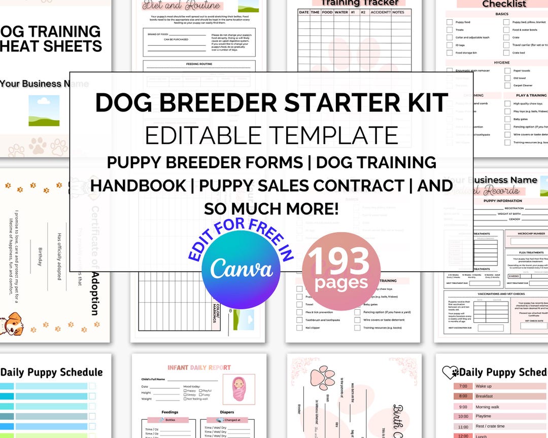 Editable Puppy Breeder Starter Kit Templates, Dog Training Handbook for ...