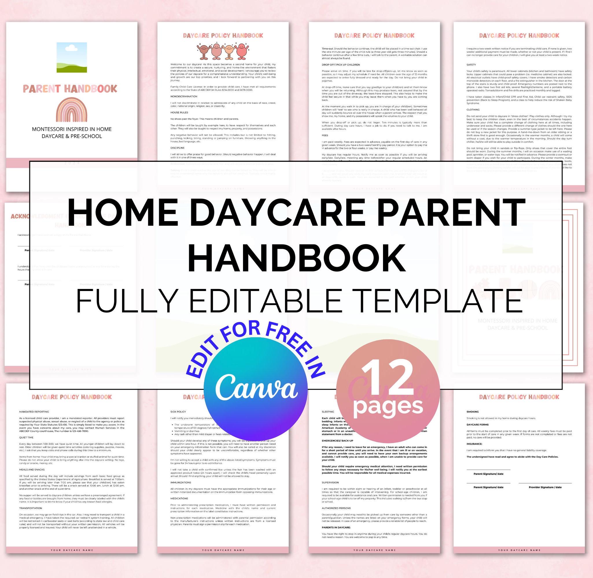 Daycare Parent Handbook, Editable Daycare Handbook Template, Childcare ...