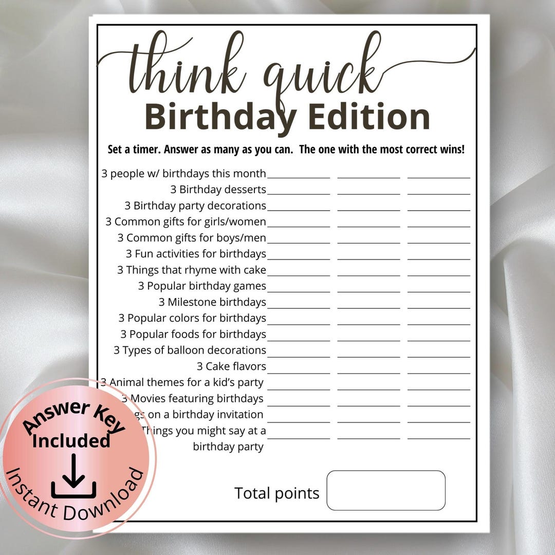 Birthday Think Quick, Birthday Girl Trivia Game, Birthday Questionnaire ...