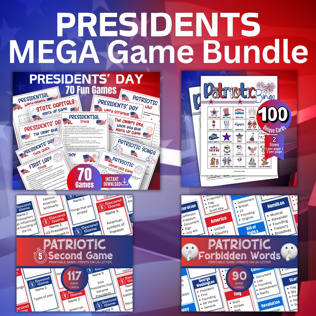 Presidents' Day Game Bundle,mega Presidents Day Trivia,patriotic Bingo ...