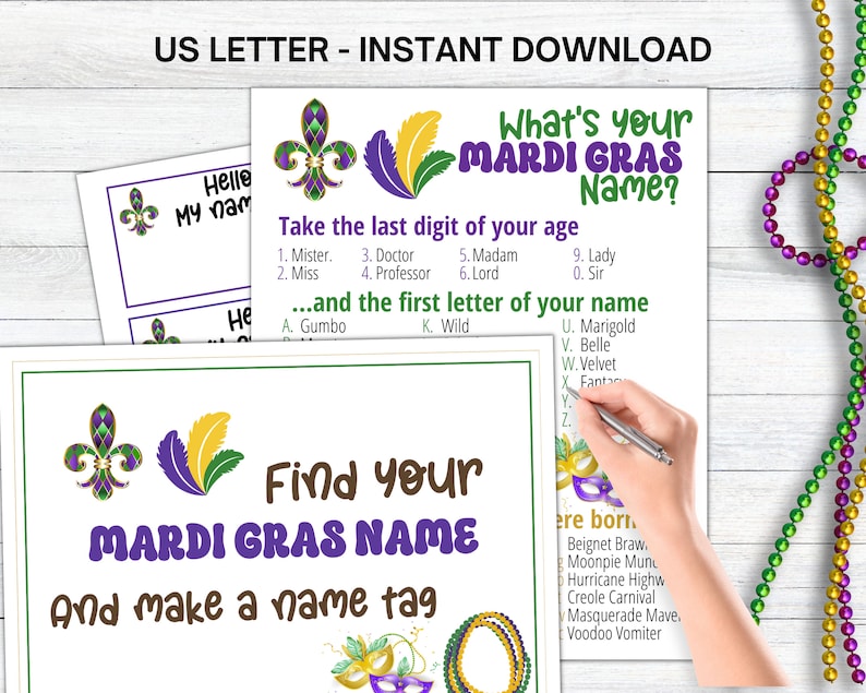 What's Your Mardi Gras Name Game WITH NAMETAGS + SIGN, Game, Mardi Gras ...