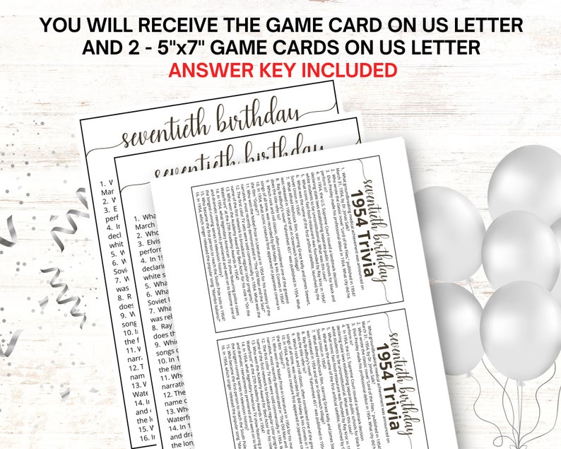 1954 Trivia Game 70th Birthday Party Games Born In 1954 Game 1954
