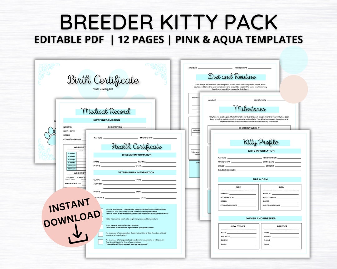 Breeder Cat Pack, Cat Breeder Records, Kitty Breeder Forms, Cat ...