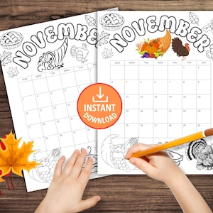 Coloring Calendar for November 2024, Monthly Coloring Calendar for Kids ...