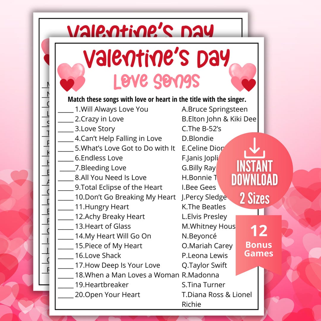 Valentine's Day Love Song Trivia Game, Romantic Music Match, Valentine ...