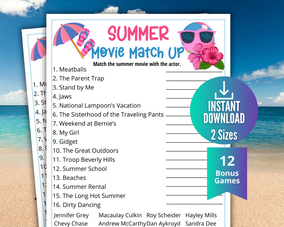 Summer Movie Trivia Game, Summer Camp Party Games, Summer Break Match ...