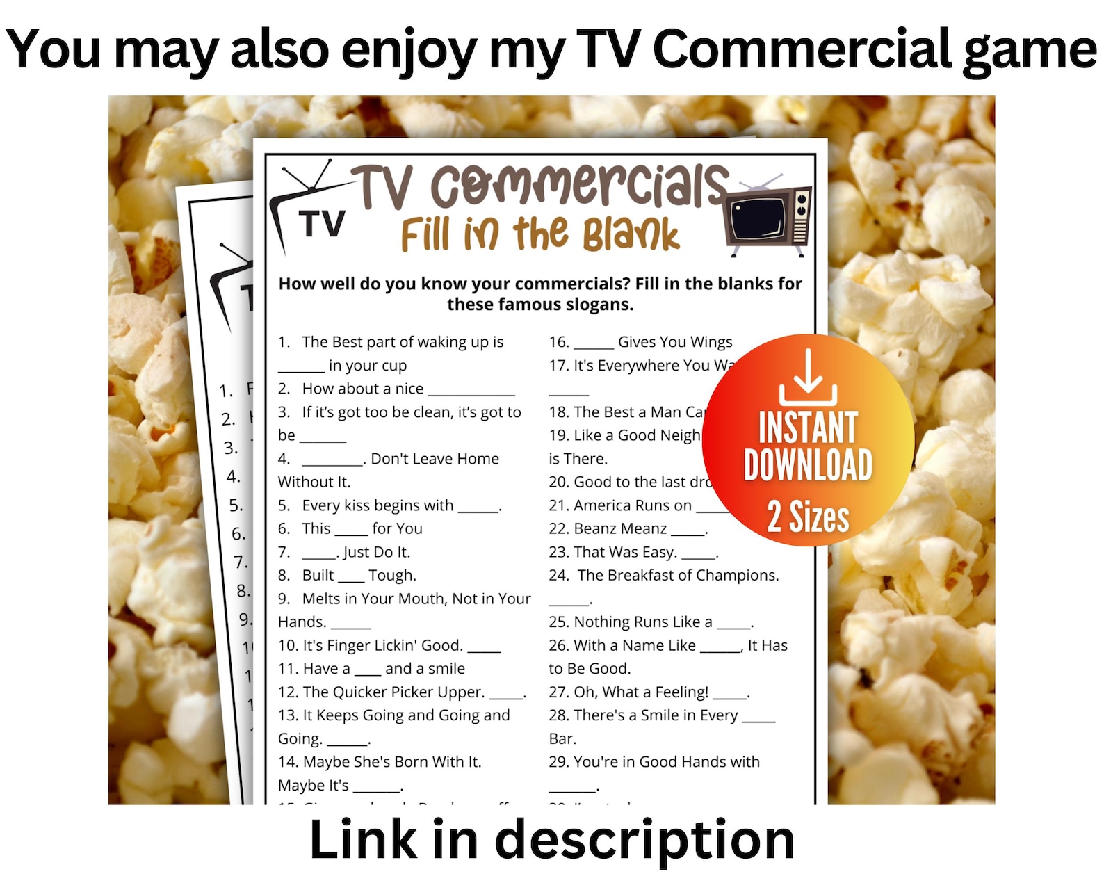 Snack Food Slogan Trivia Game,ad Slogan Match up Quiz,printabletv ...