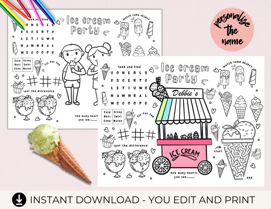 Ice Cream Party Coloring Placemat, Coloring Activity, Edit the Name ...