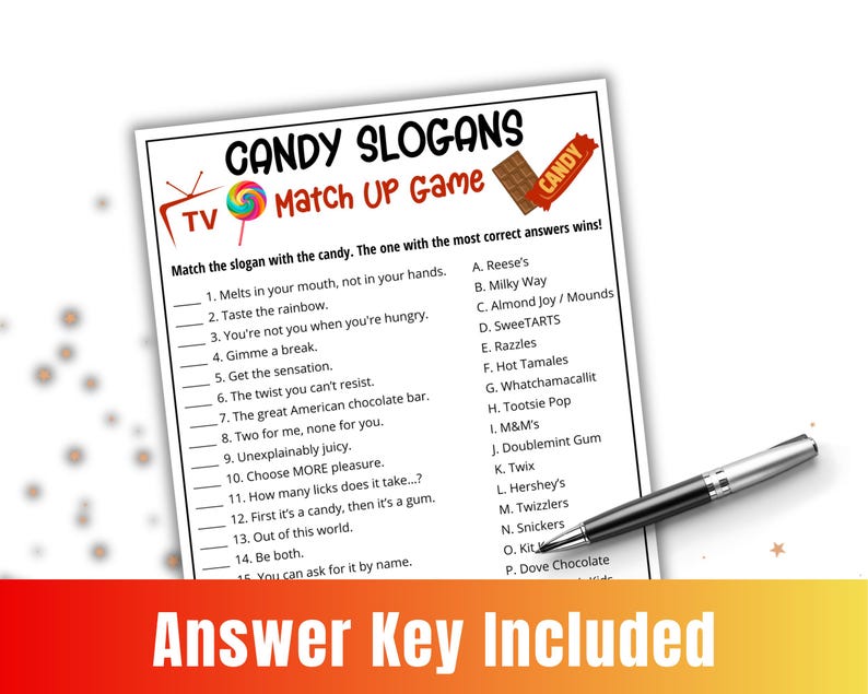 Candy Slogan Trivia Game, Ad Slogan Match up Quiz, Printable TV ...