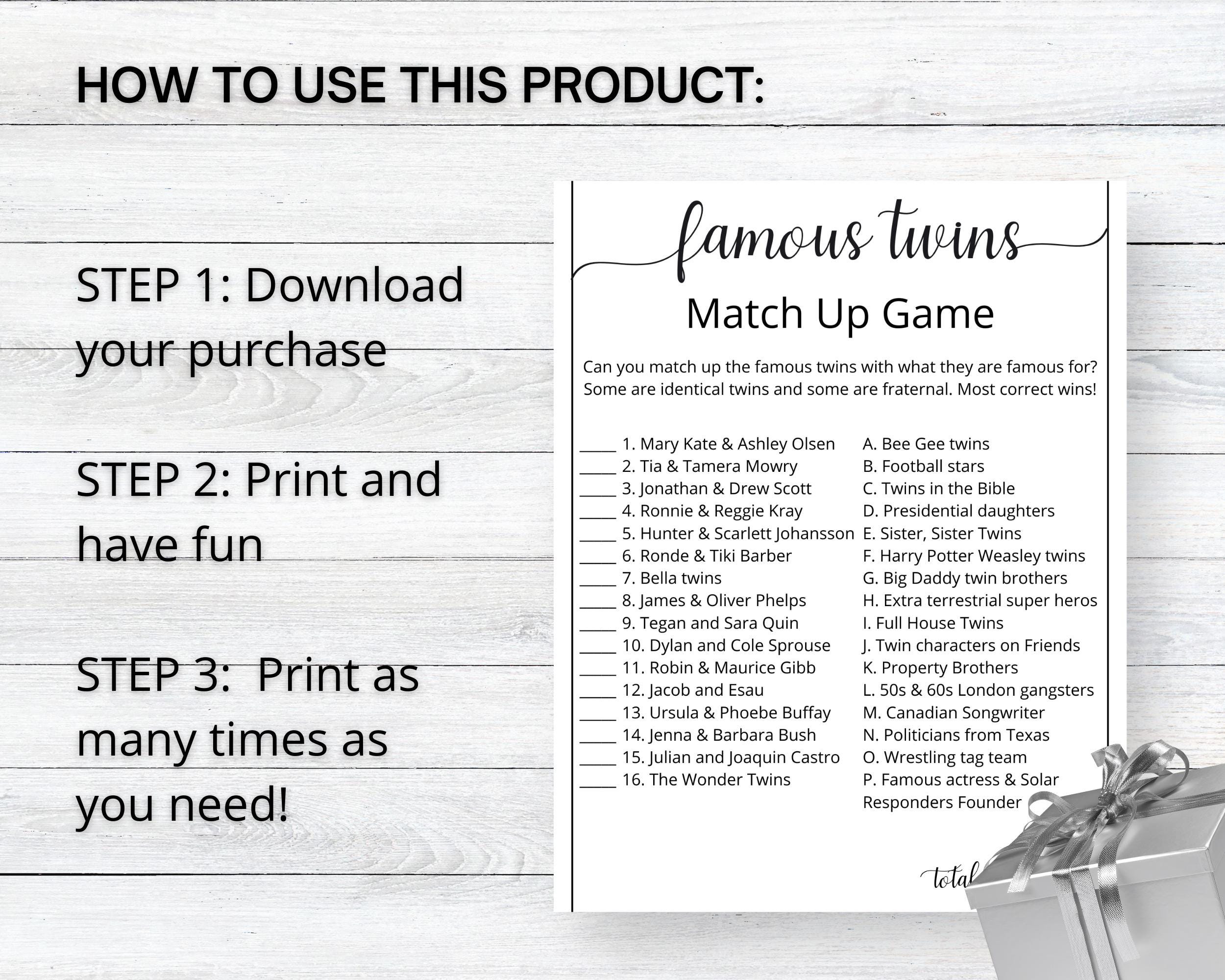 Famous Twins Trivia for Baby Showers, Printable Celebrity Twin Match up ...