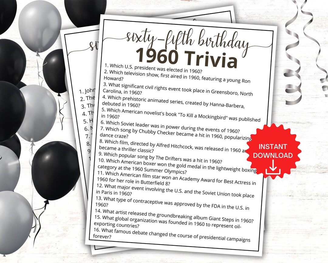 1960 Trivia Game, 65th Birthday Party Games, Born in 1960 Game, 1960 ...