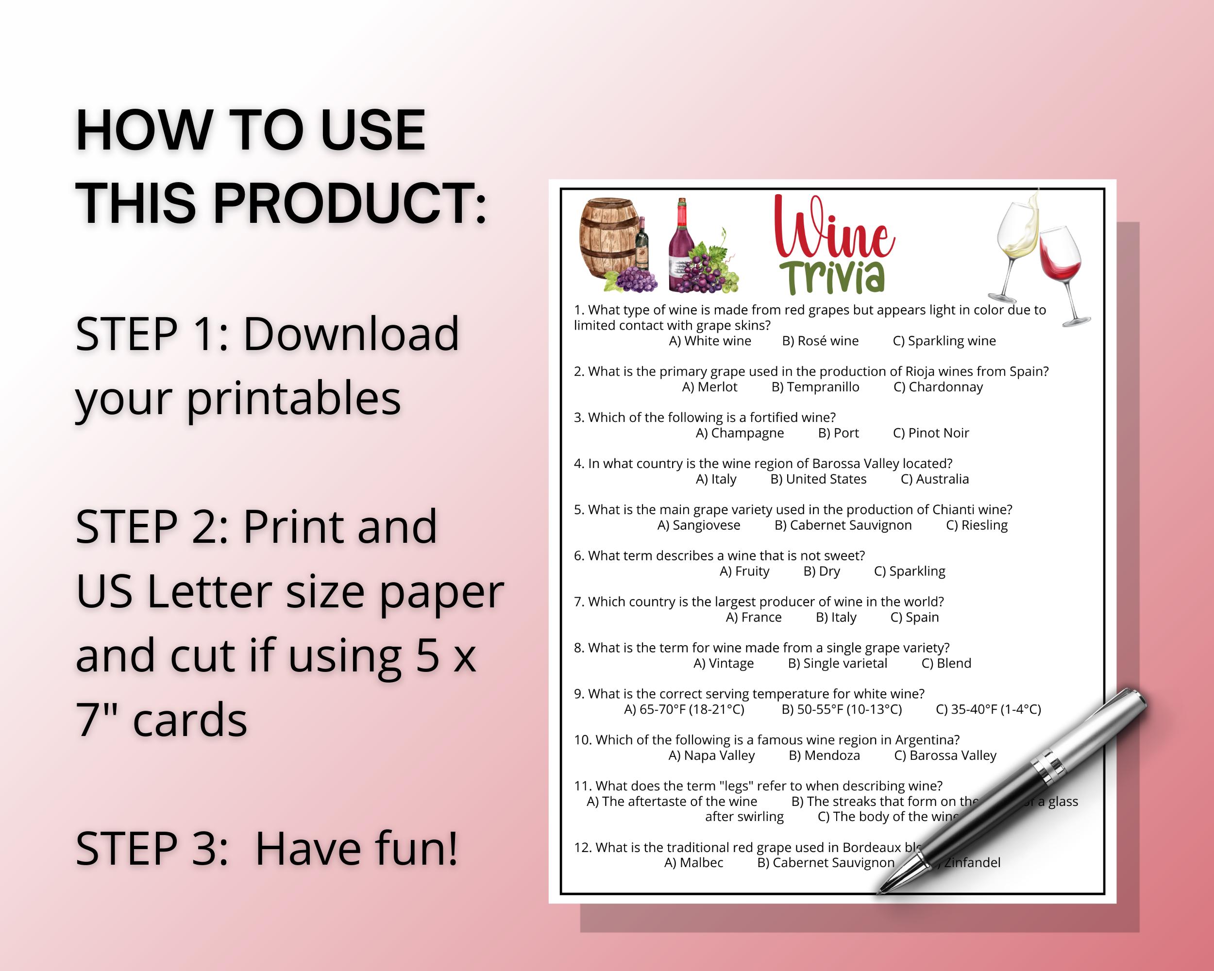 Wine Trivia Game, Printable Wine & Cheese Party Game for Adults, Wine ...
