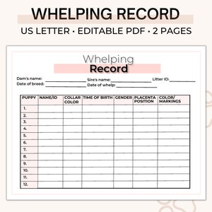 Dog Whelping Record Editable, Dog Breeder Forms, Puppy Whelping Chart ...