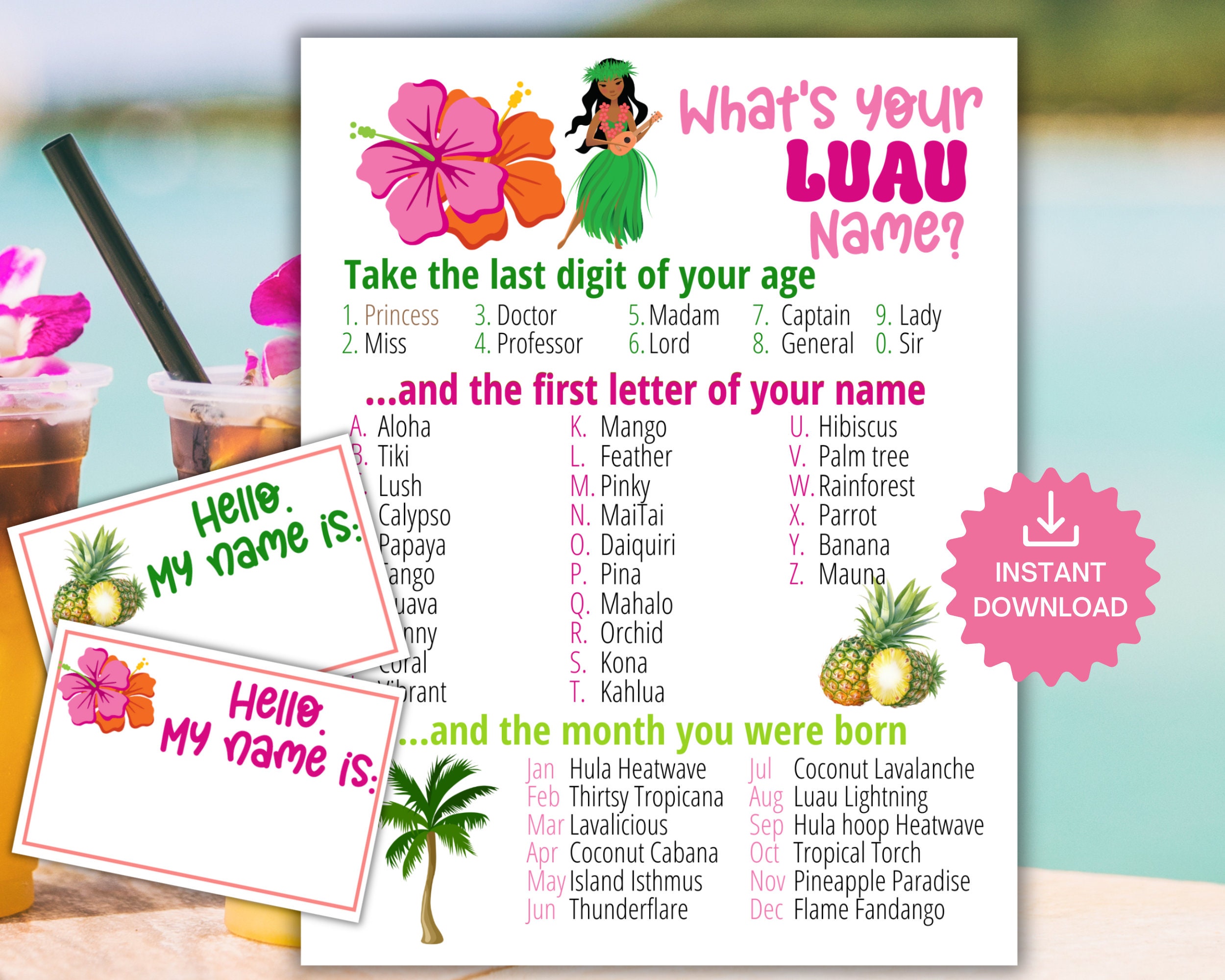 What's Your Luau Name Game WITH NAMETAGS SIGN, Hawaiian Party Game ...