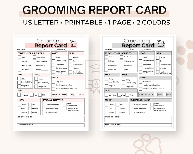 Dog Grooming Report Card, Dog Groomer's Form - Fillable PDF, Pet Spa ...