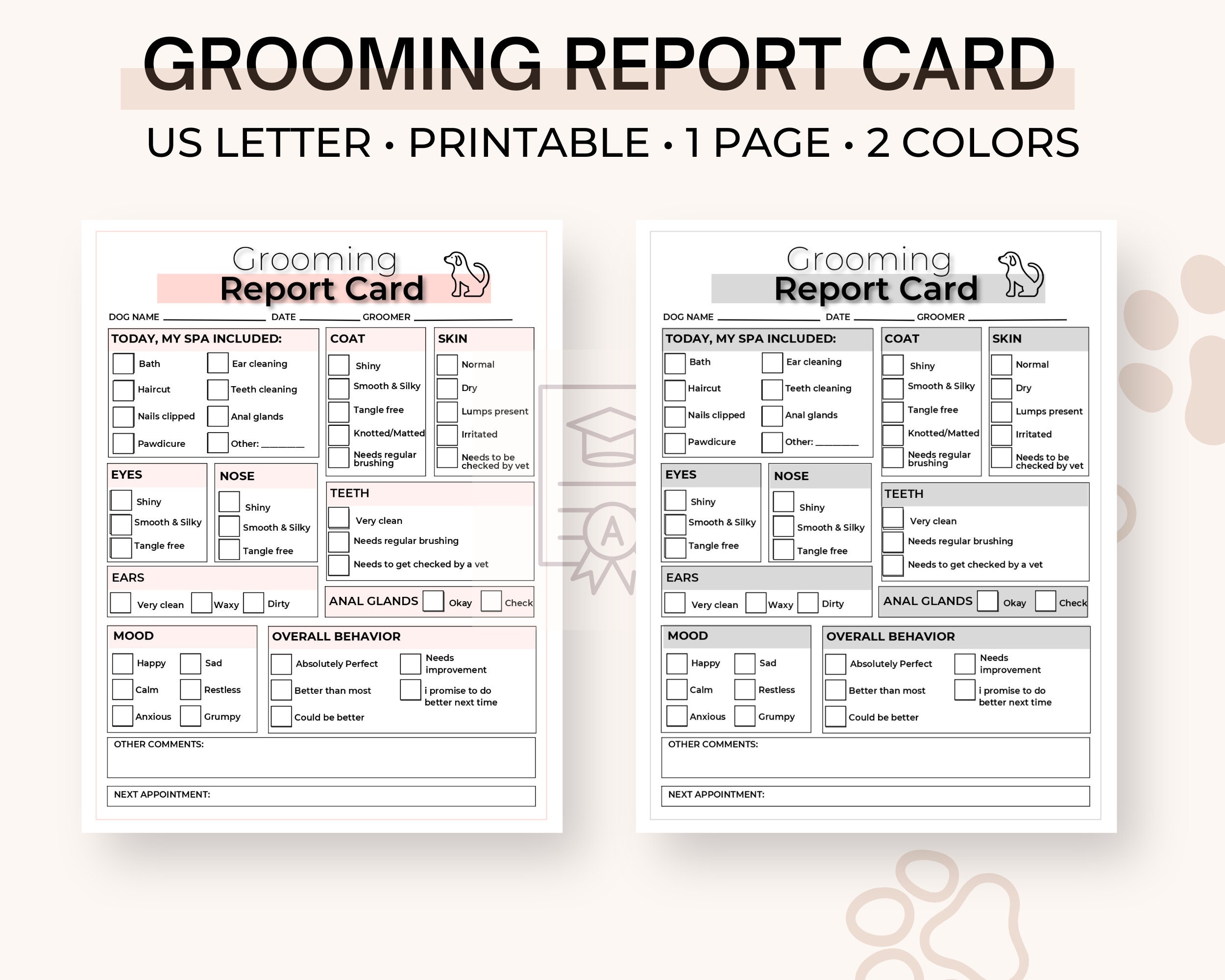 Dog Grooming Report Card, Dog Groomer's Form - Fillable PDF, Pet Spa ...