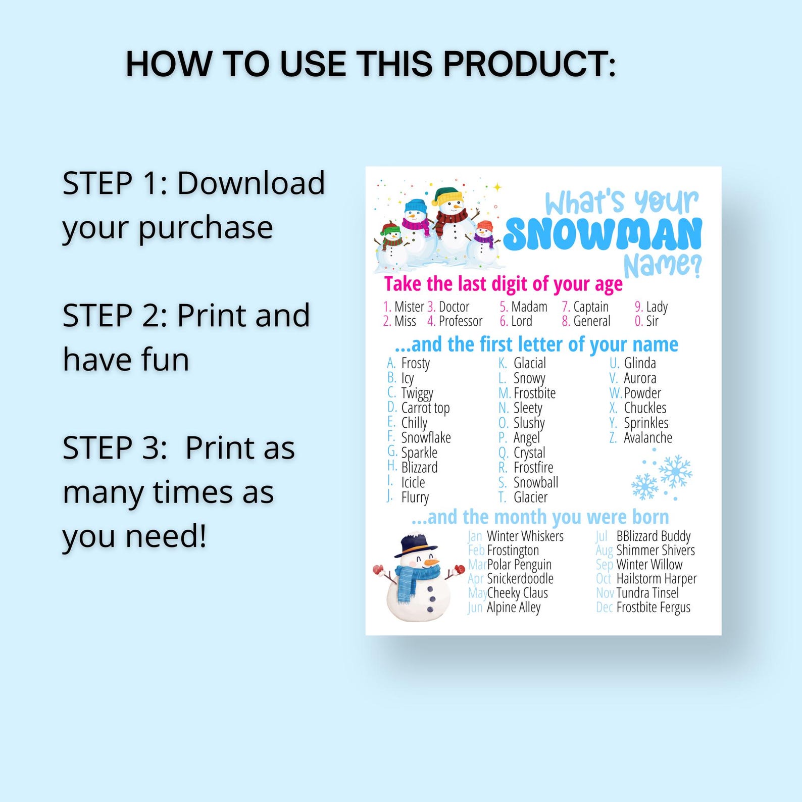 What's Your Snowman Name Game WITH NAMETAGS + SIGN, Winter Christmas ...