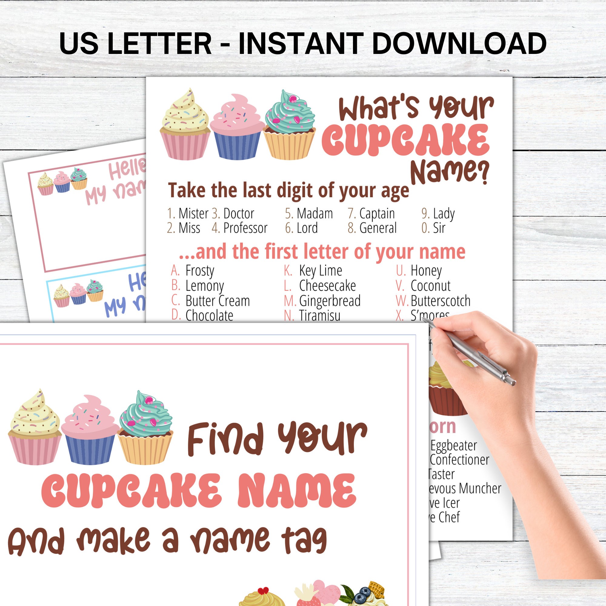 What's Your Cupcake Name Game WITH NAMETAGS SIGN, Cupcake Birthday ...