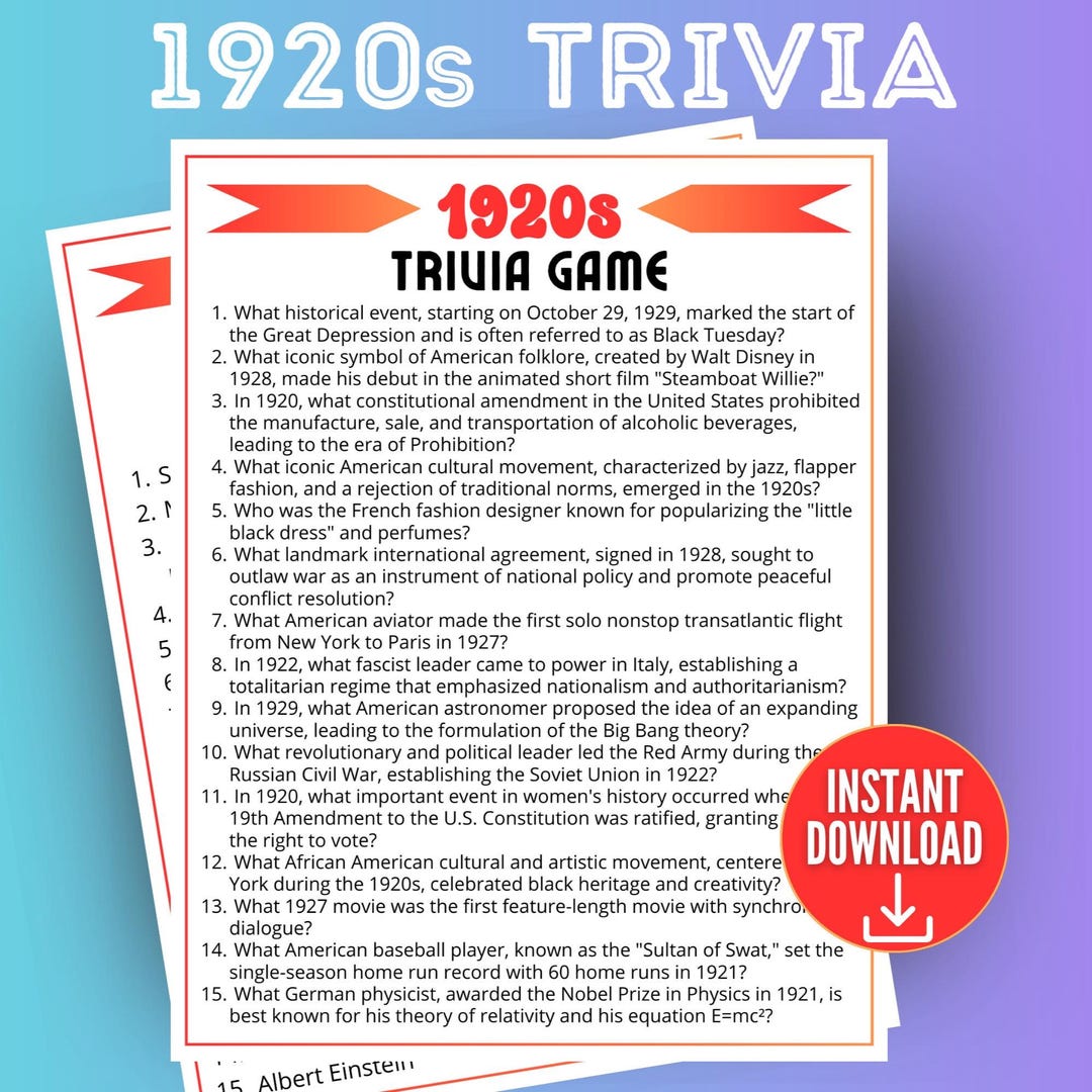 1920s Decade Trivia Game, Trivia Questions, 20s Trivia Quiz, 1960s ...