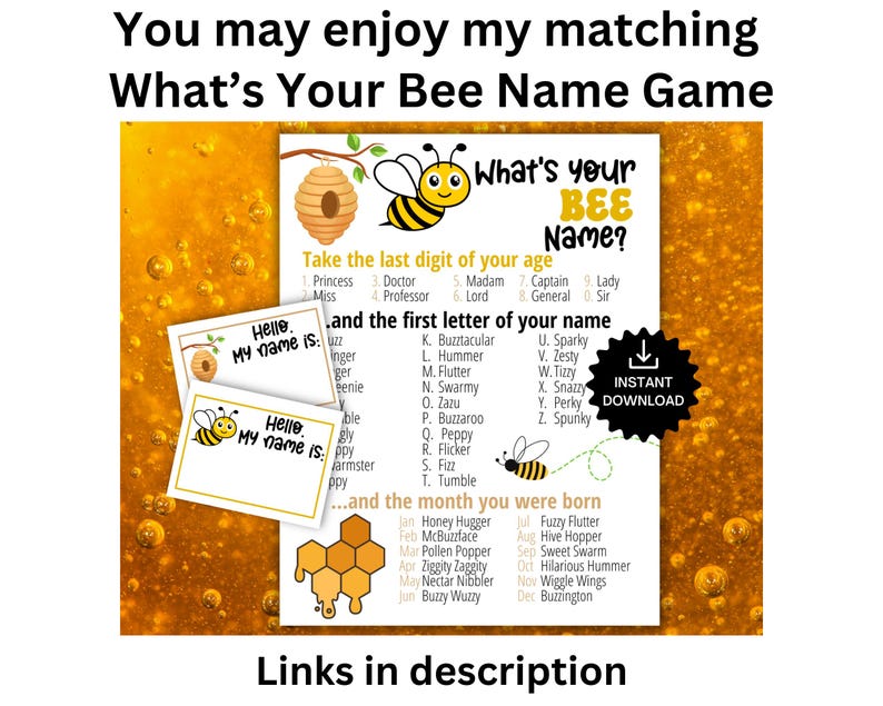 What's Your Bee Name Game WITH NAMETAGS + SIGN, What Will Your Baby Bee ...