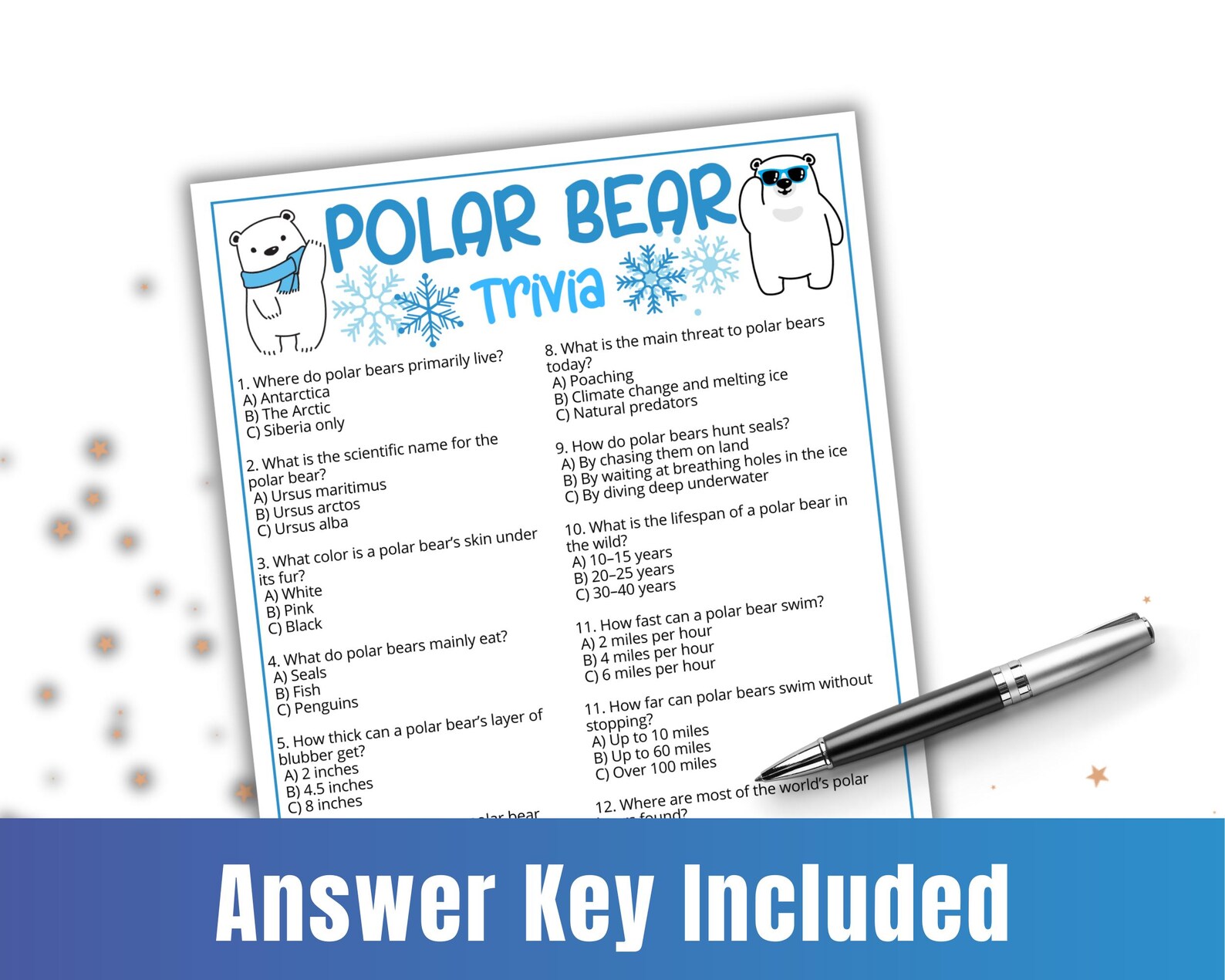 Polar Bear Trivia Game,printable Winter Game for Kids & Adults,polar ...