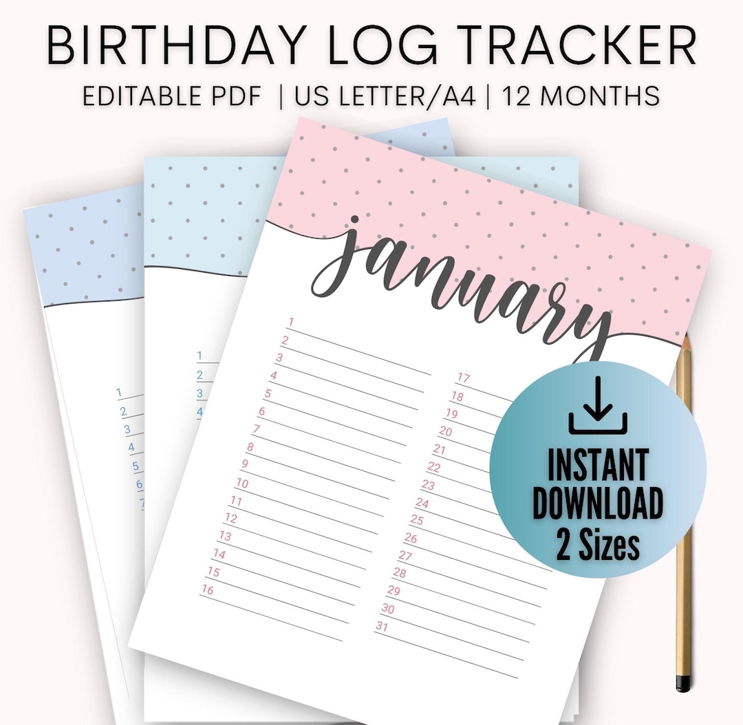 Editable Birthday Tracker, Birthday Reminder, Birthday Log, Printable ...