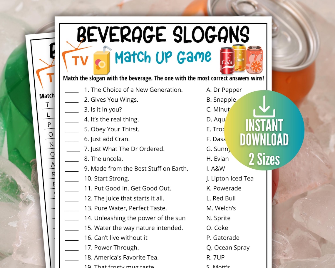 Beverage Slogan Trivia Game, Ad Slogan Match up Quiz,printable TV ...