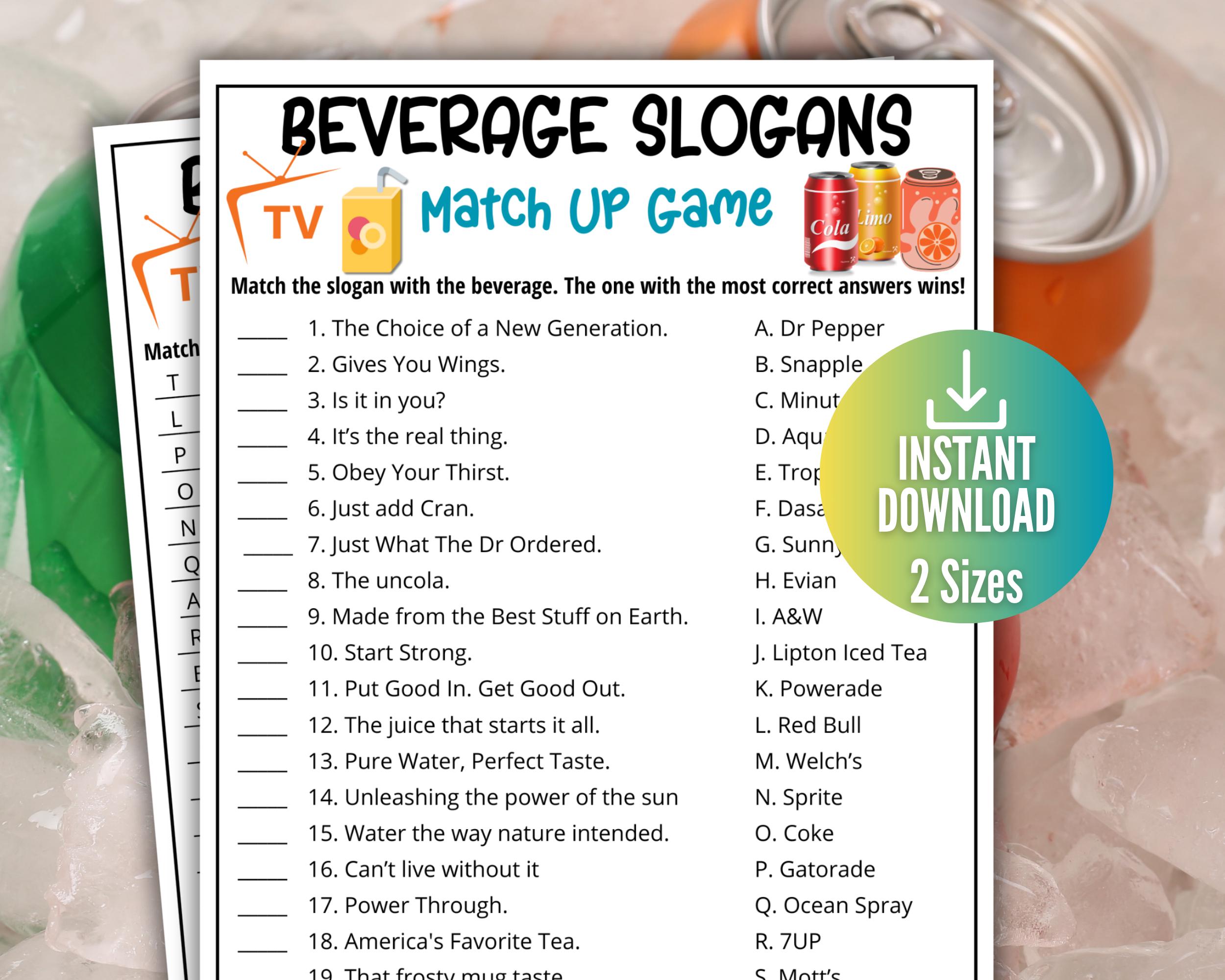 Beverage Slogan Trivia Game, Ad Slogan Match up Quiz,printable TV ...