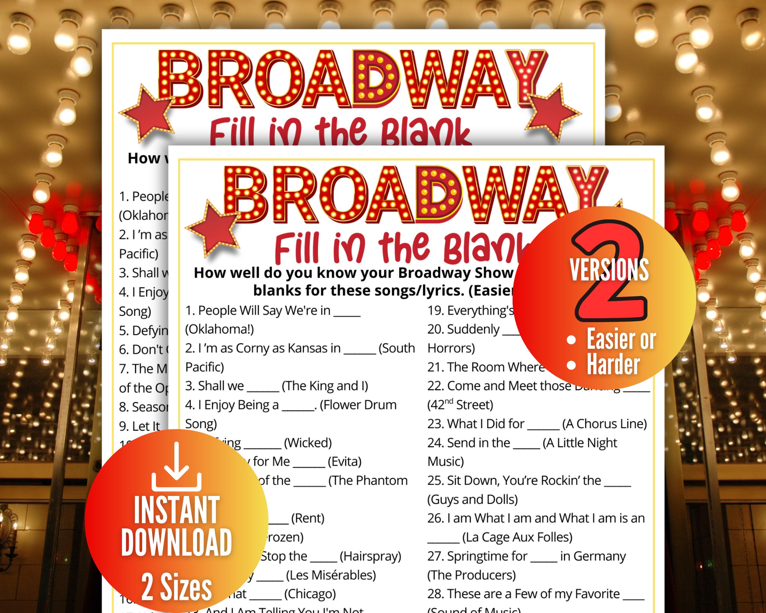 Broadway Musical Trivia Game, Musical Theater Fill in the Blank Quiz ...