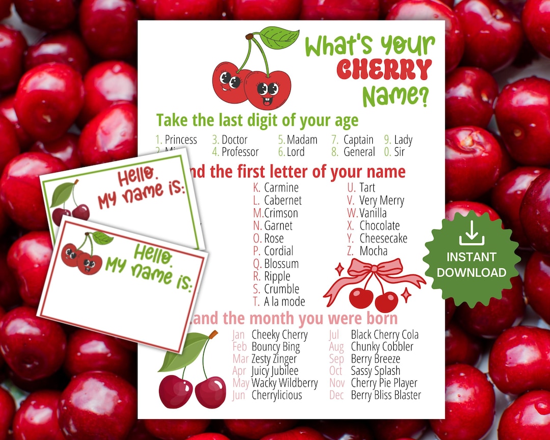 What's Your Cherry Name Game WITH NAMETAGS + SIGN, Cherry First ...