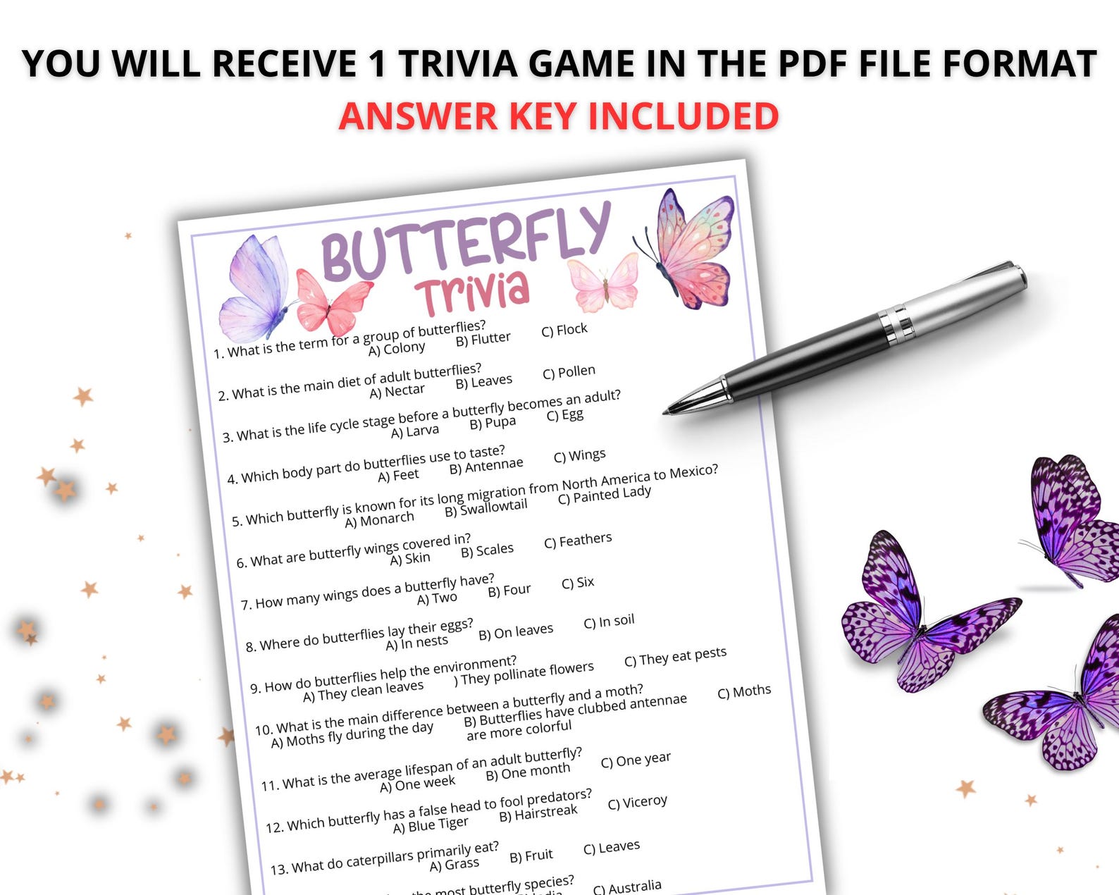 Butterfly Trivia Game, Printable Butterfly Party Game for Kids & Adults ...