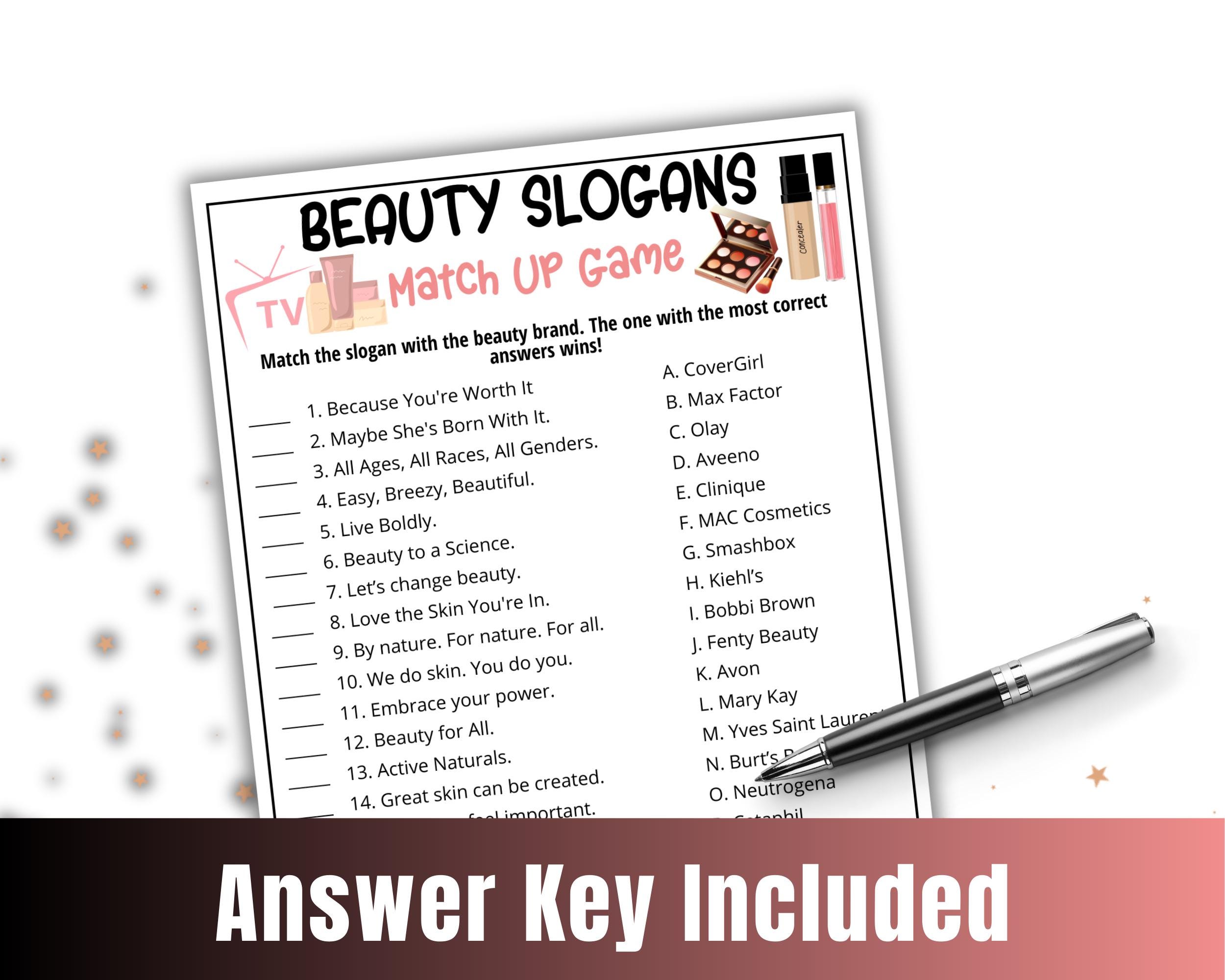 Beauty Brand Slogan Trivia Game, Ad Tagline Match up Quiz, Printable ...
