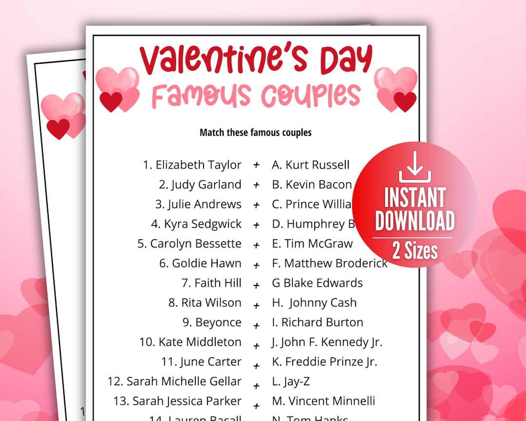 Valentine's Day Famous Couples Trivia Game, Celebrity Pairs, Valentine ...