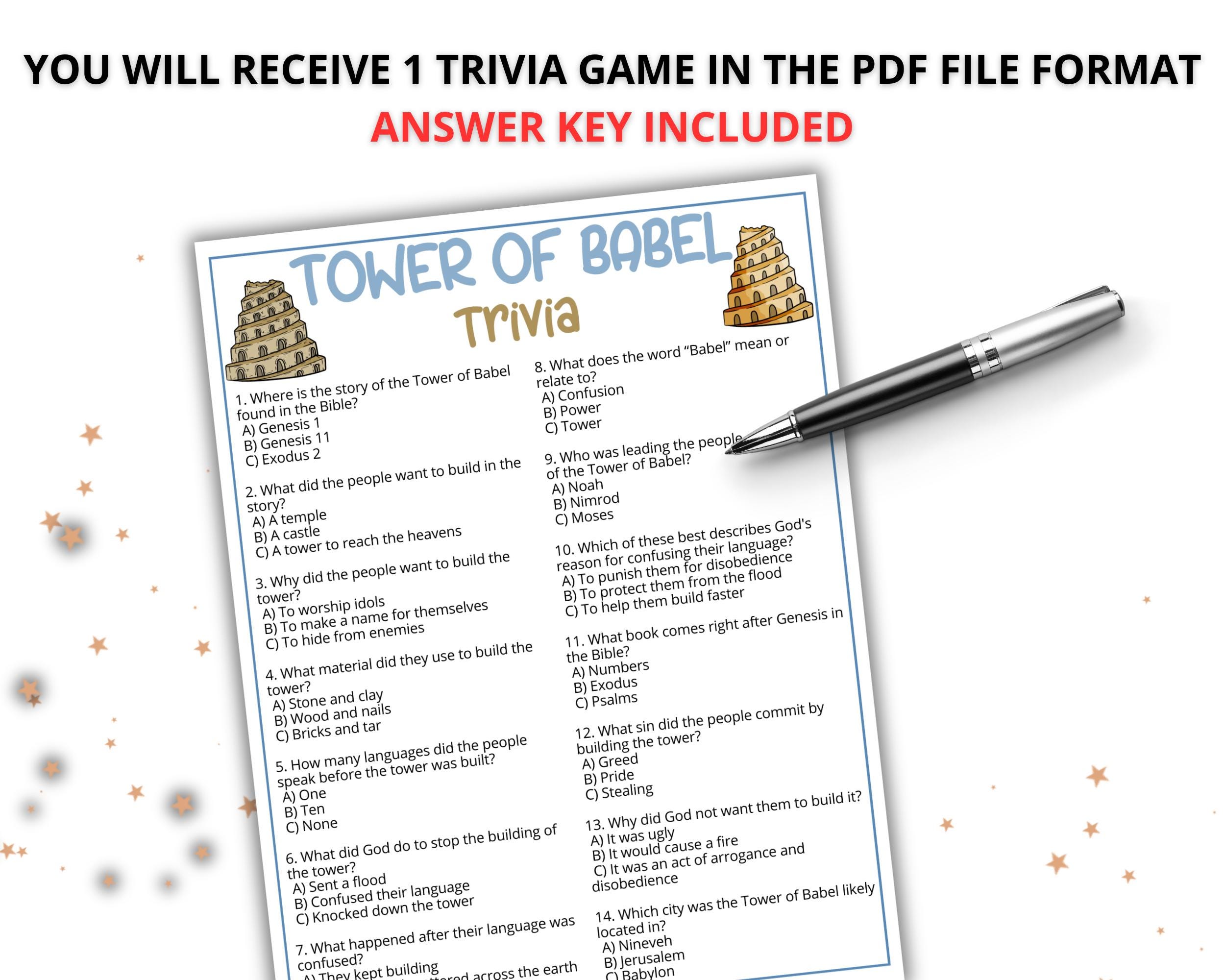 Tower of Babel Trivia Game for Kids, Sunday School Bible Games, Old ...