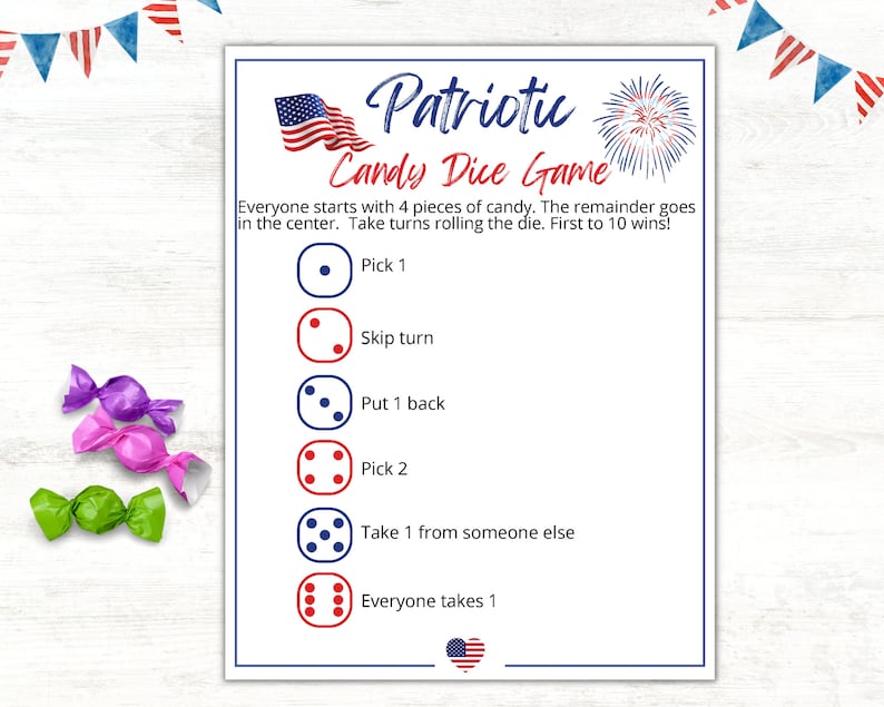 Patriotic Candy Dice Game, Memorial Day Candy Dice Game, Labor Day Game ...