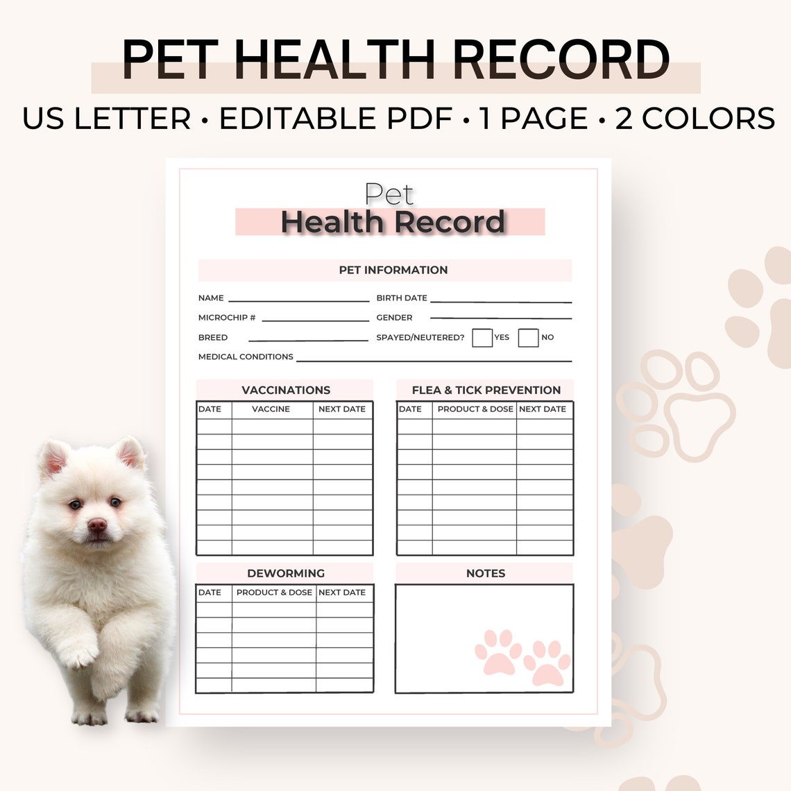 Pet Health Record, Dog Breeder Forms, Dog Owner Template, Digital ...
