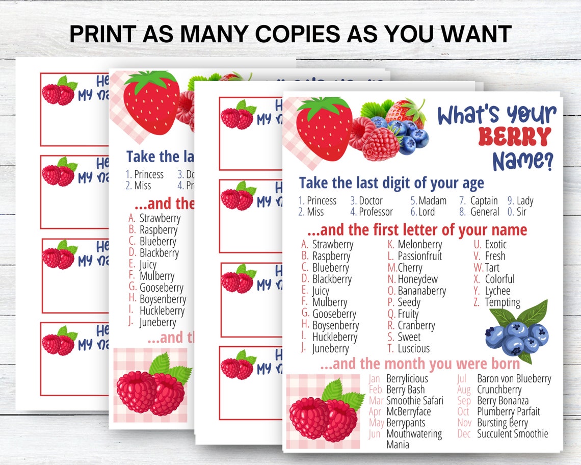 What's Your Berry Name Game WITH NAMETAGS + SIGN, Berry First Birthday ...