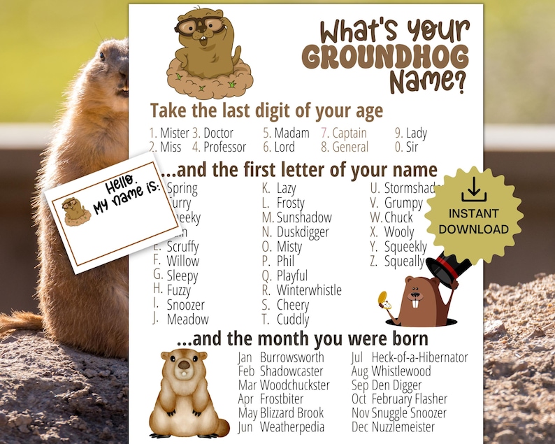 What's Your Groundhog Name Game WITH NAMETAGS + Sign,game, Groundhog ...