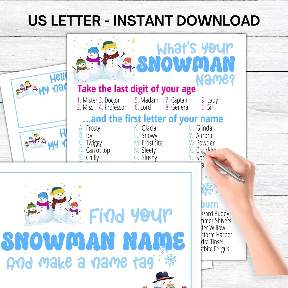 What's Your Snowman Name Game WITH NAMETAGS + SIGN, Winter Christmas ...
