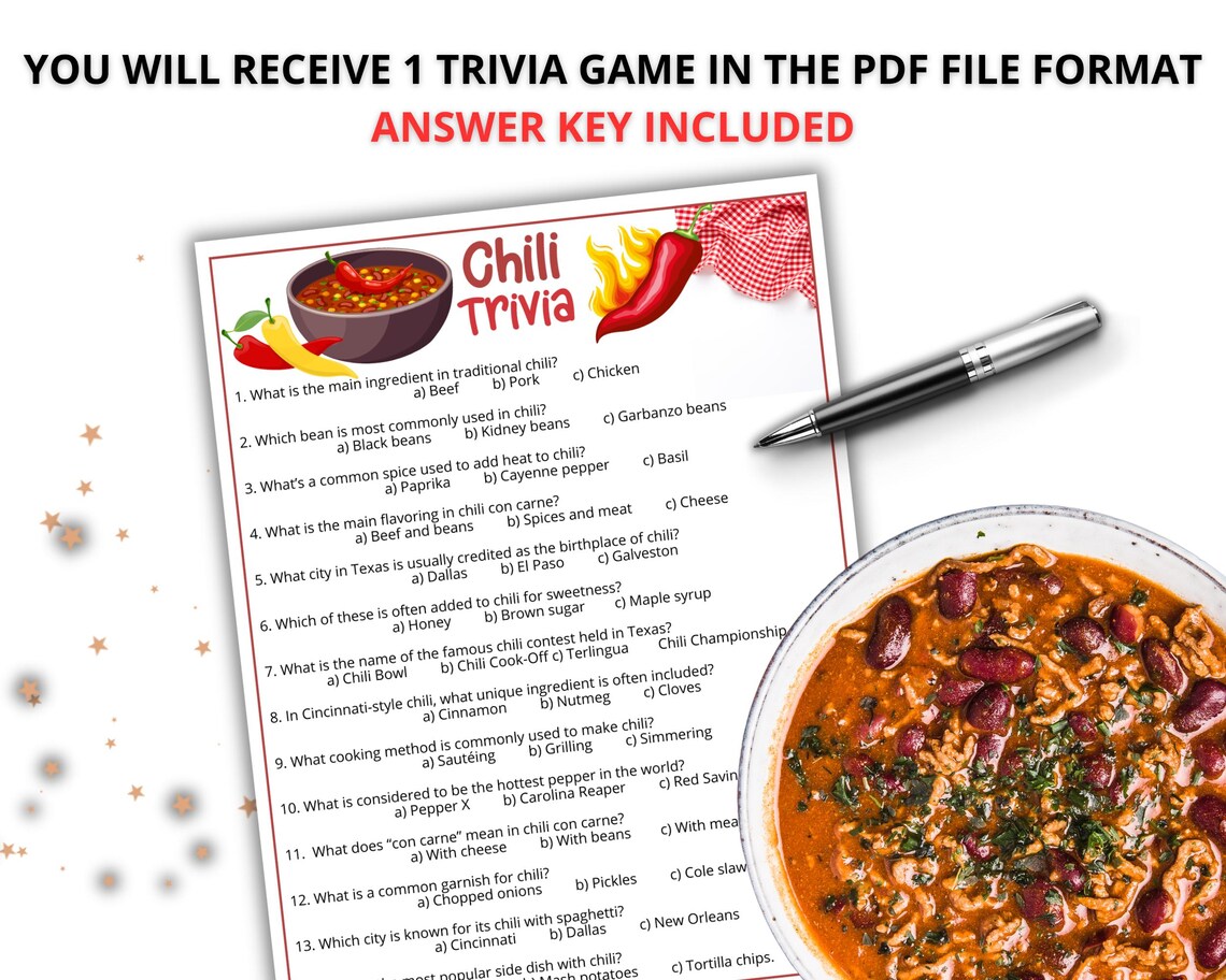 Chili Trivia Game, Printable Chili Cookoff Game for Kids & Adults ...