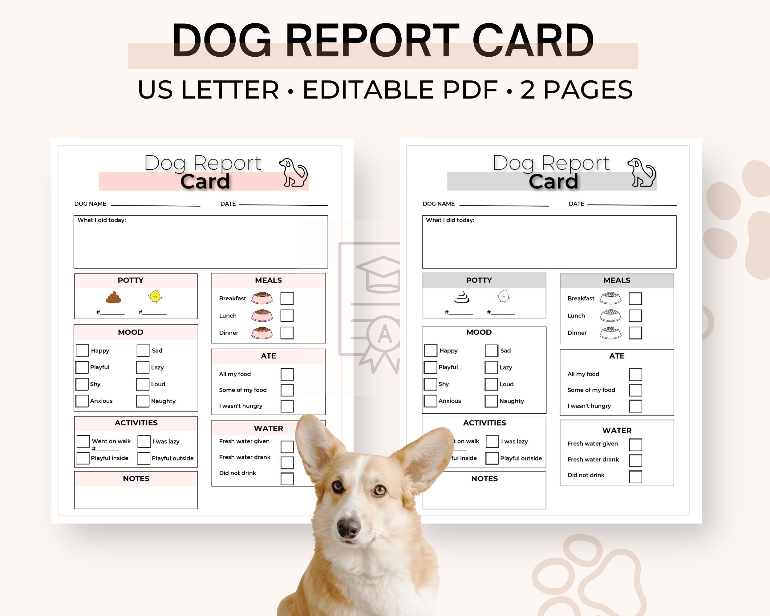 Dog Report Card, Pet Sitter Forms, Dog Walking Report Card, Dog Sitter ...