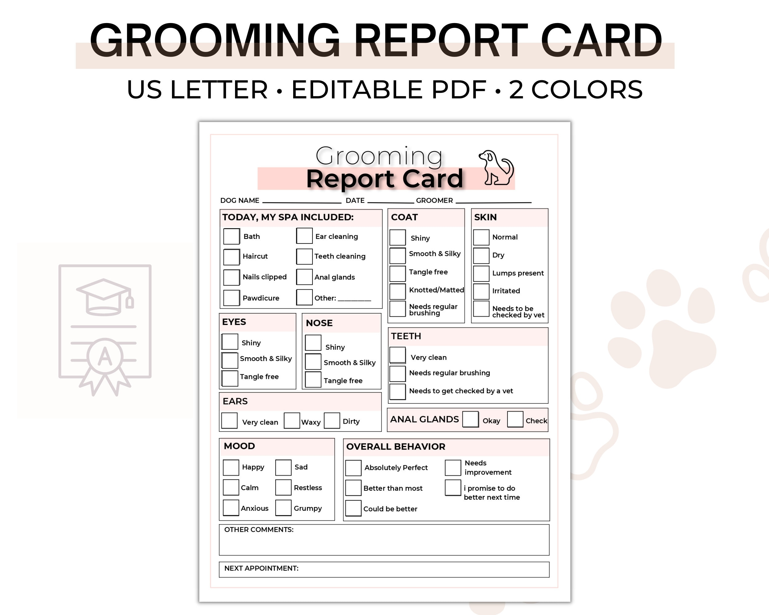 Dog Grooming Report Card Fillable PDF D001 - Etsy