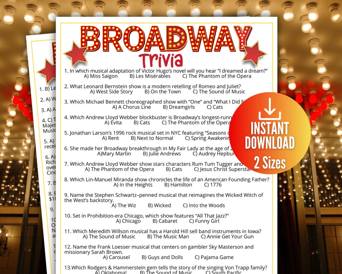 Broadway Musical Trivia Game, Musical Theater Quiz, Broadway Song ...